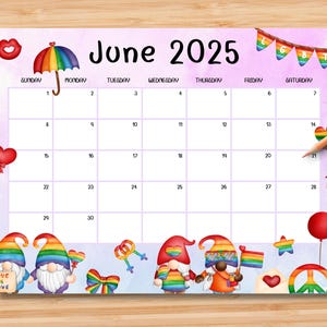 EDITABLE June 2025 Calendar, LGBT Pride Month Planner W/ Rainbow Gnomes ...