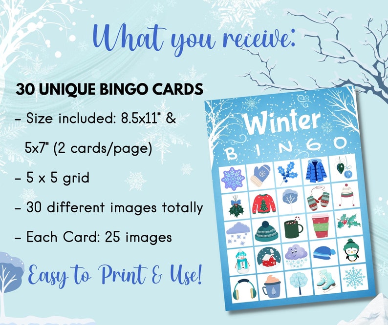 Printable Winter Bingo, 30 Unique Bingo Cards, Winter Activity, Winter ...