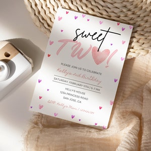 Editable Valentine's Day Sweet Two 2nd Birthday Party Invitation, Cute ...