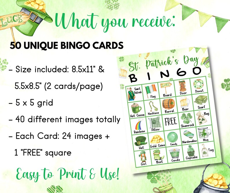 Printable St Patrick's Day Bingo Game 50 Unique Bingo - Etsy