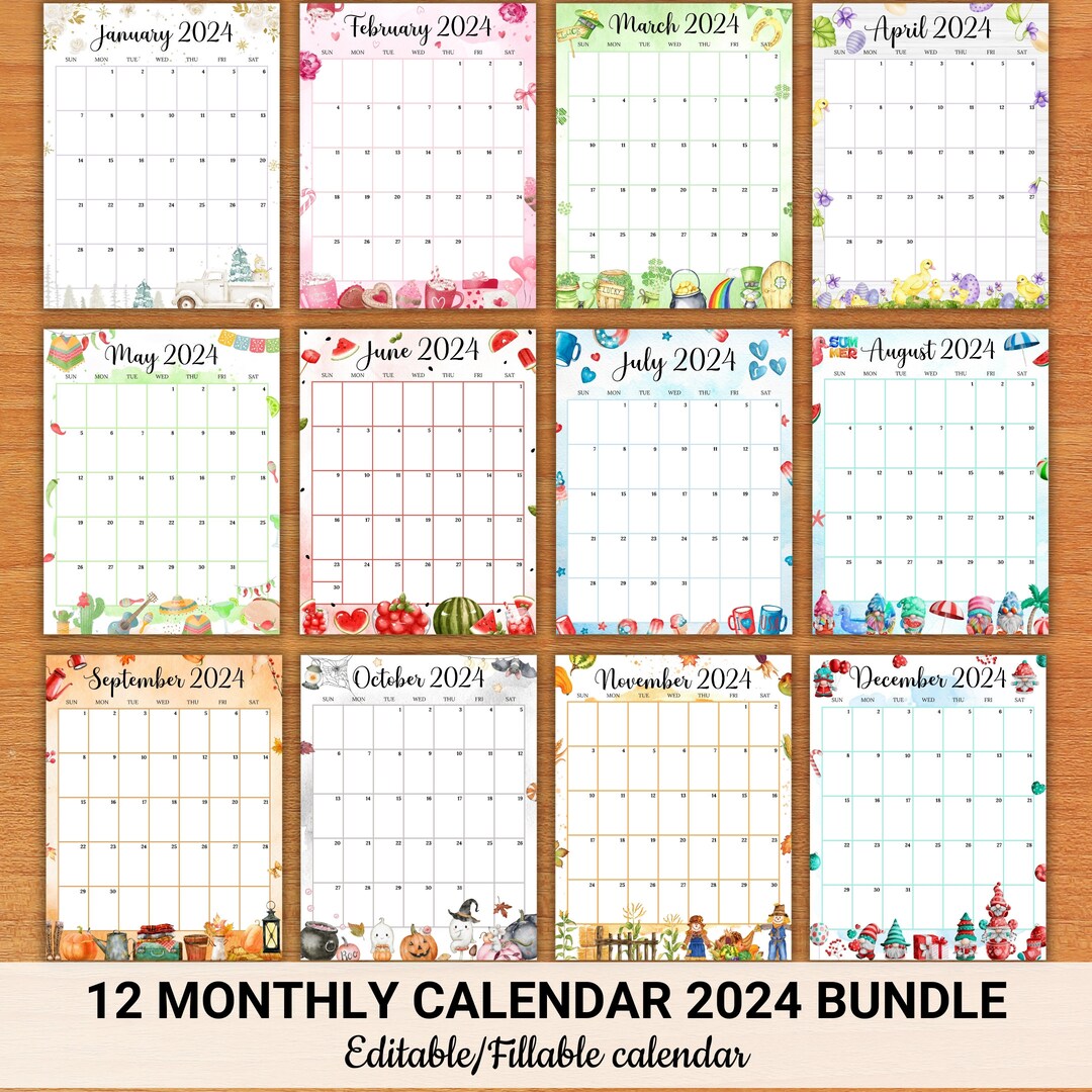 EDITABLE Vertical/portrait Monthly Calendar 2024 Bundle, Printable ...