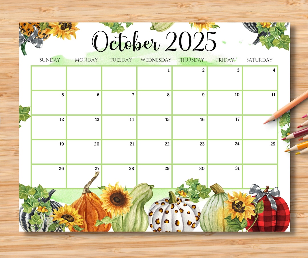 EDITABLE October 2025 Calendar, Beautiful Autumn With Colorful Pumpkins ...