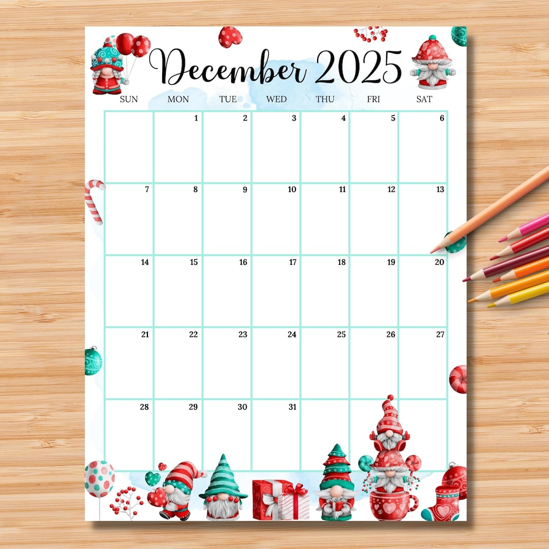EDITABLE December 2025 Calendar (vertical/portrait), Cute Gnome ...