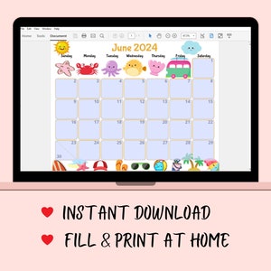 EDITABLE June 2024 Calendar Printable Kids Calendar 2024 - Etsy Canada