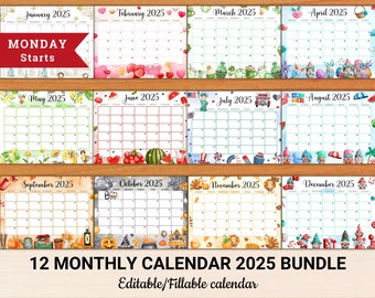 EDITABLE Monthly Calendar 2025 Bundle monday Starts, Cute Printable ...