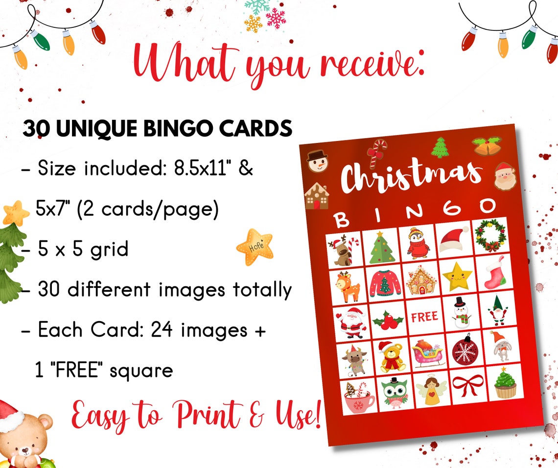 Printable Christmas Bingo 30 Unique Bingo Cards Christmas - Etsy