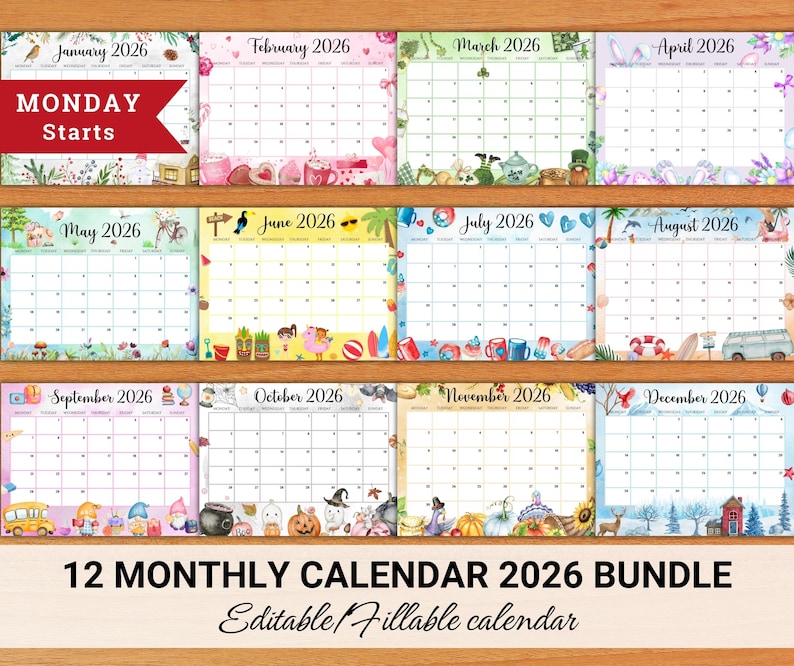 Editable 2026 Monthly Calendar (monday Starts), Cute Printable Planner ...