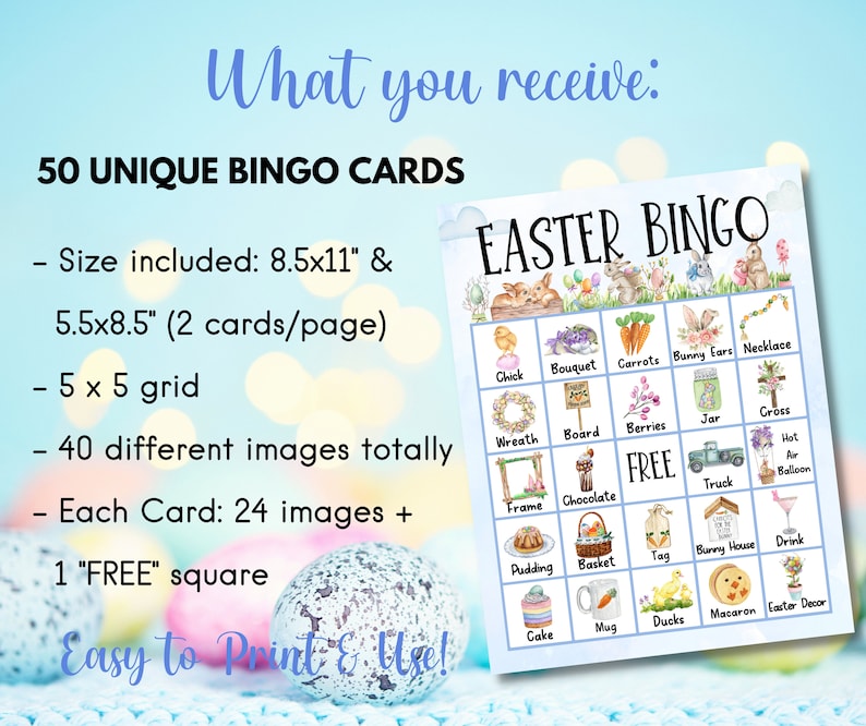 Printable Easter Bingo Game 50 Unique Bingo Cards W/labels - Etsy