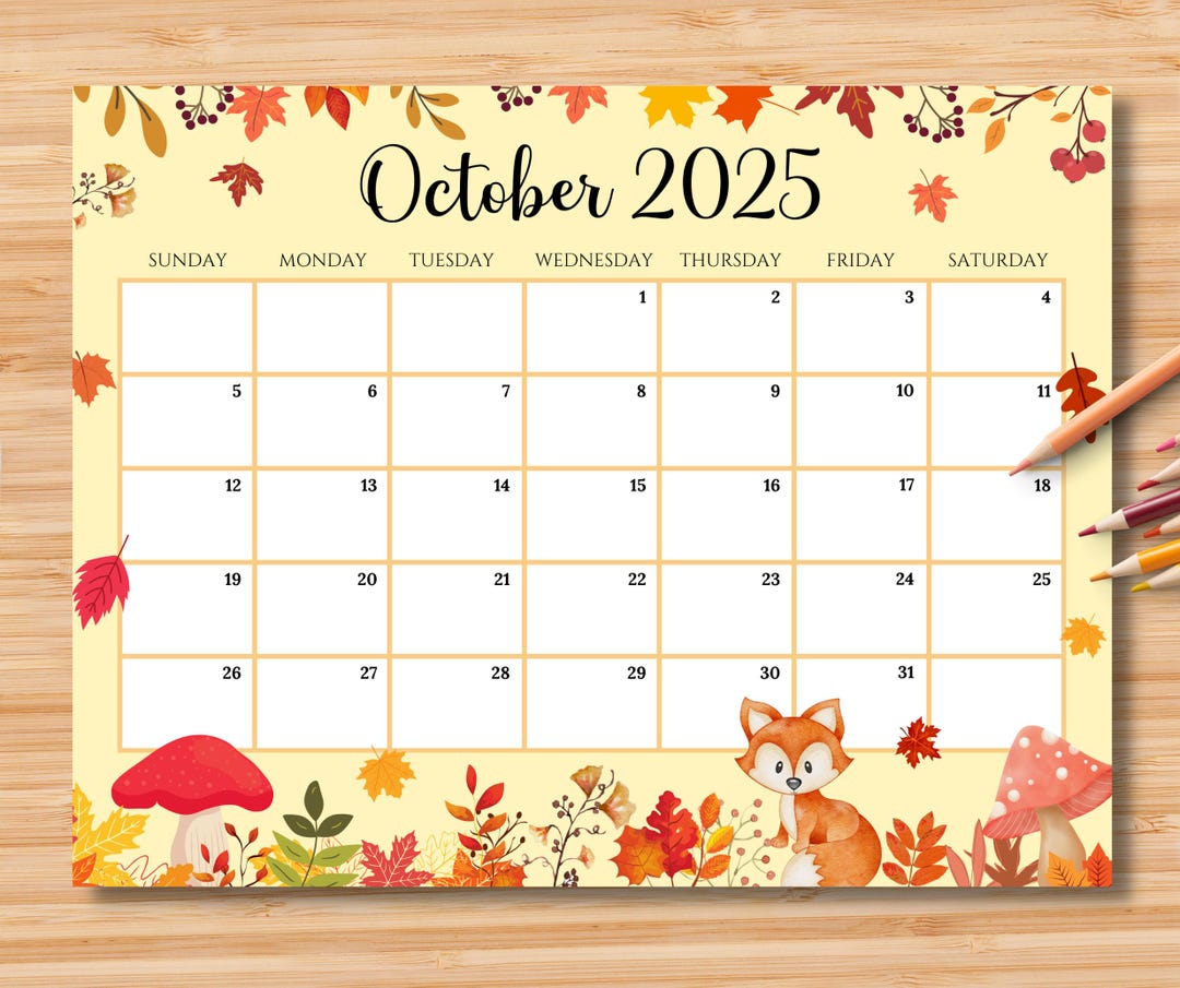 EDITABLE October 2025 Calendar, Beautiful Autumn W/ Cute Little Fox ...
