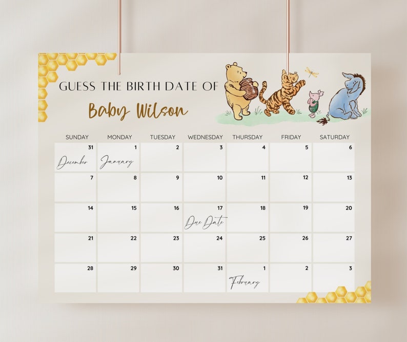 Winnie the Pooh Baby Due Date Calendar, Vintage Winnie Prediction Game ...