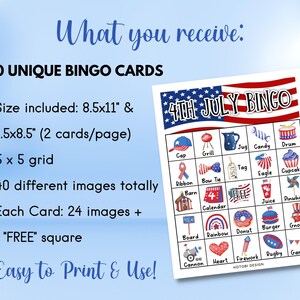 50 Unique 4th of July Bingo Cards, Patriotic Bingo Game, Independence ...