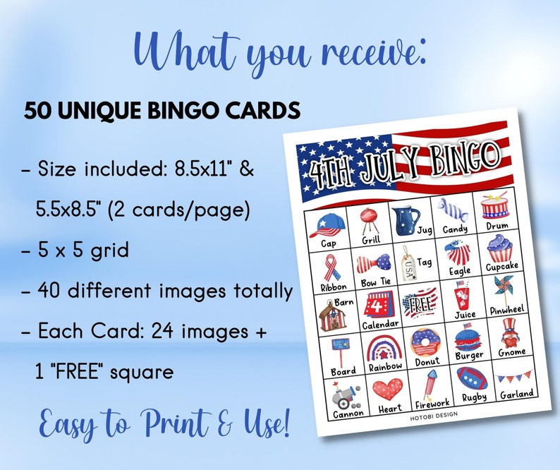 50 Unique 4th of July Bingo Cards, Patriotic Bingo Game, Independence ...