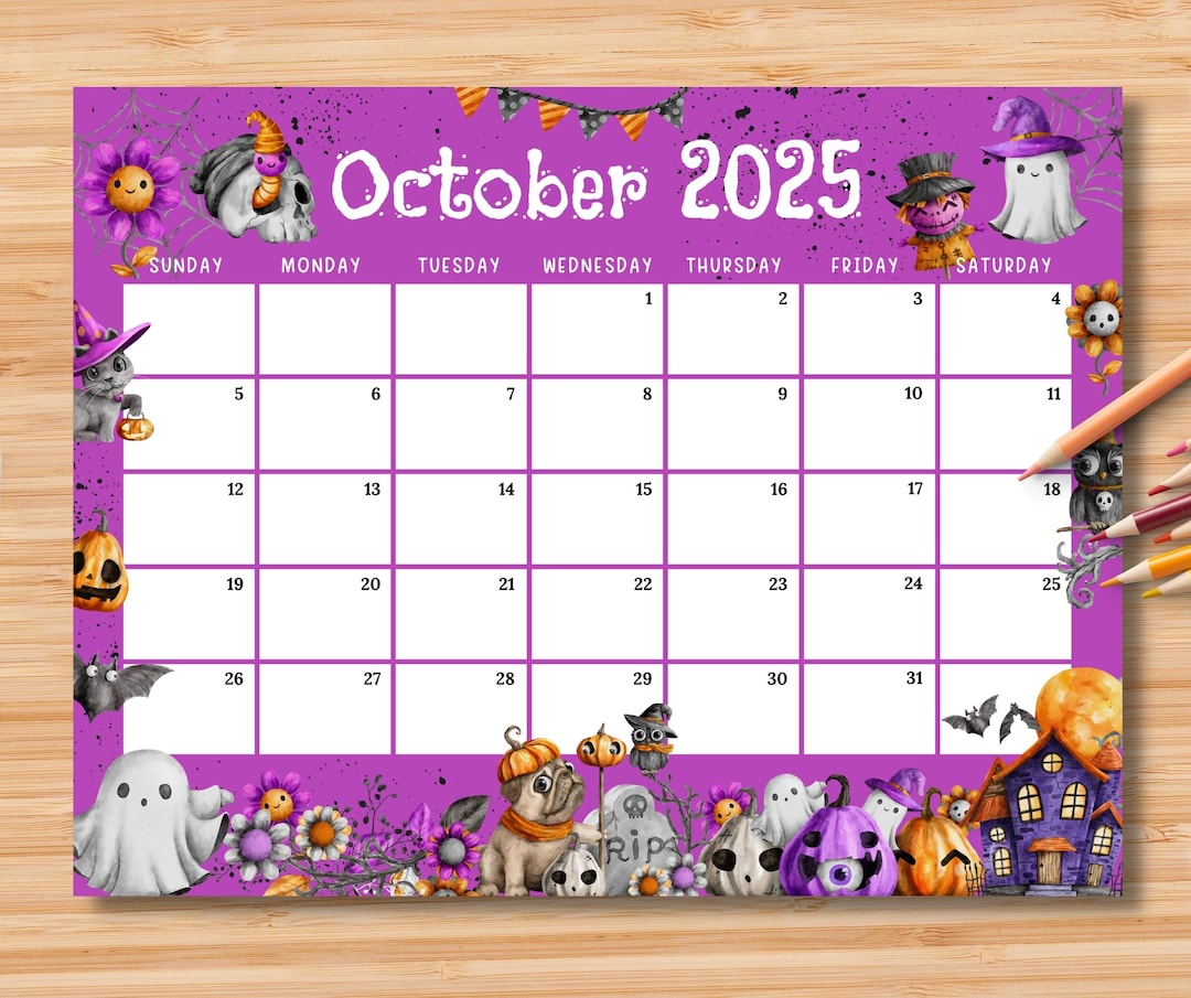 Editable October 2025 Calendar, Spooky Halloween W/ Cute Ghost & Skull ...