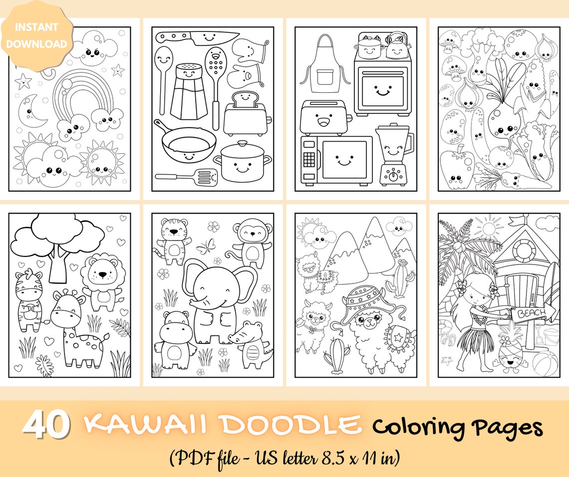 40 Printable Kawaii Doodle Coloring Pages for Kids Teens Adults, Cute ...
