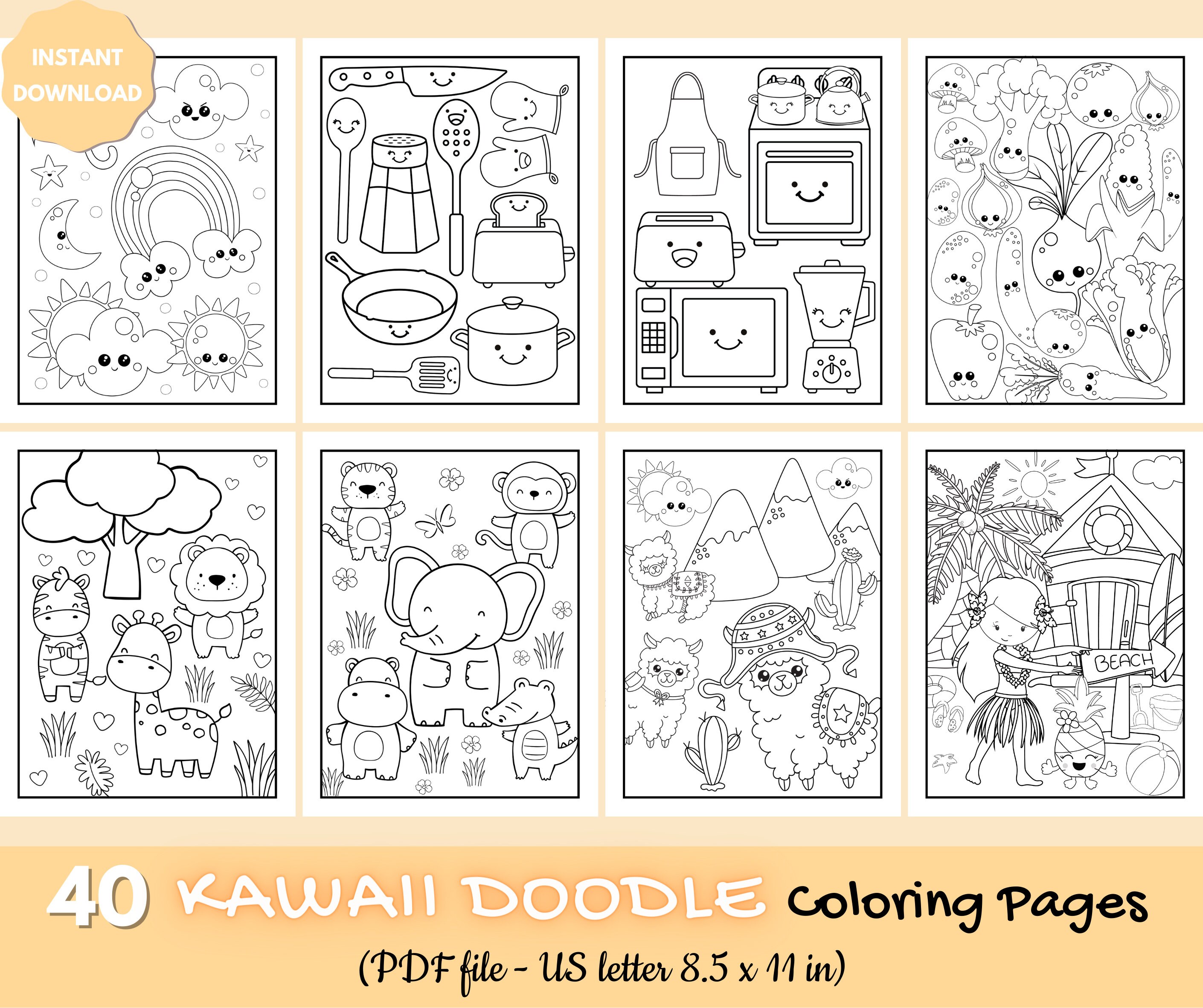 40 Printable Kawaii Doodle Coloring Pages for Kids Teens - Etsy Australia