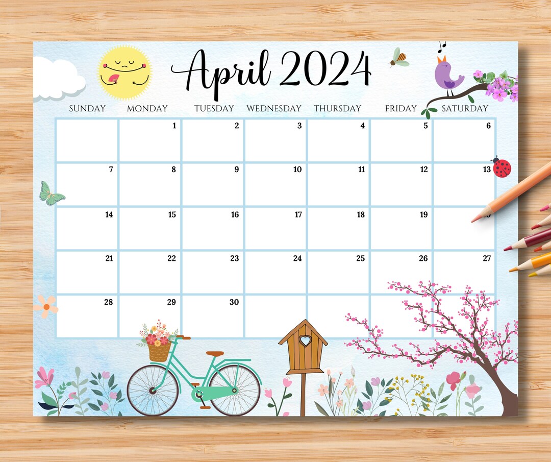 EDITABLE April 2024 Calendar, Beautiful Spring with Flowers & Bird ...