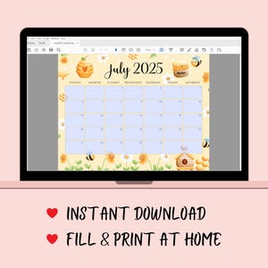 Editable July 2025 Calendar, Cute Summer Planner W/ Honey Bees ...