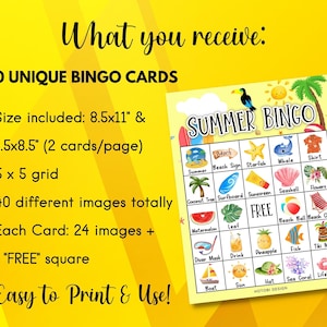 Printable Summer Bingo Game, 50 Unique Bingo Cards W/labels, Summer ...