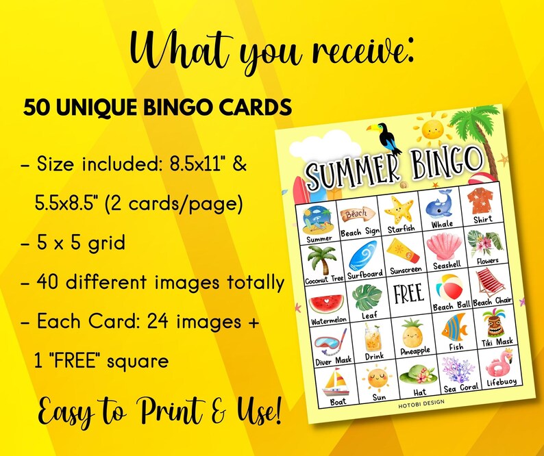 Printable Summer Bingo Game, 50 Unique Bingo Cards W/labels, Summer ...