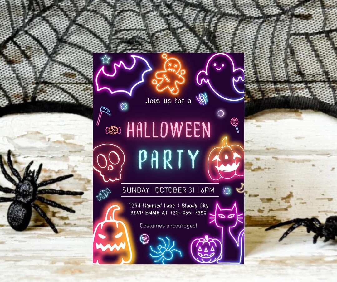 Neon Halloween Party Invitation, Editable Halloween Party Invite ...