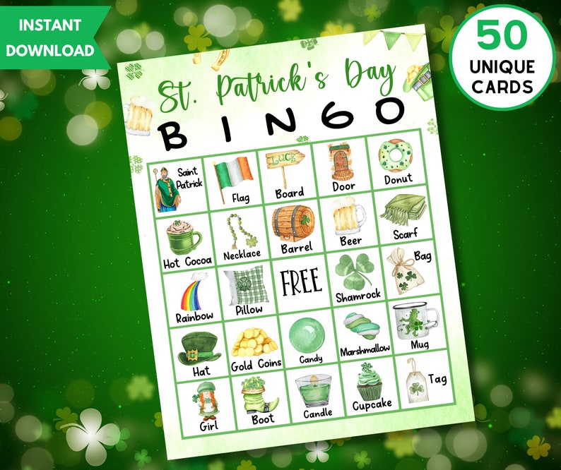 Printable St Patrick's Day Bingo Game 50 Unique Bingo - Etsy