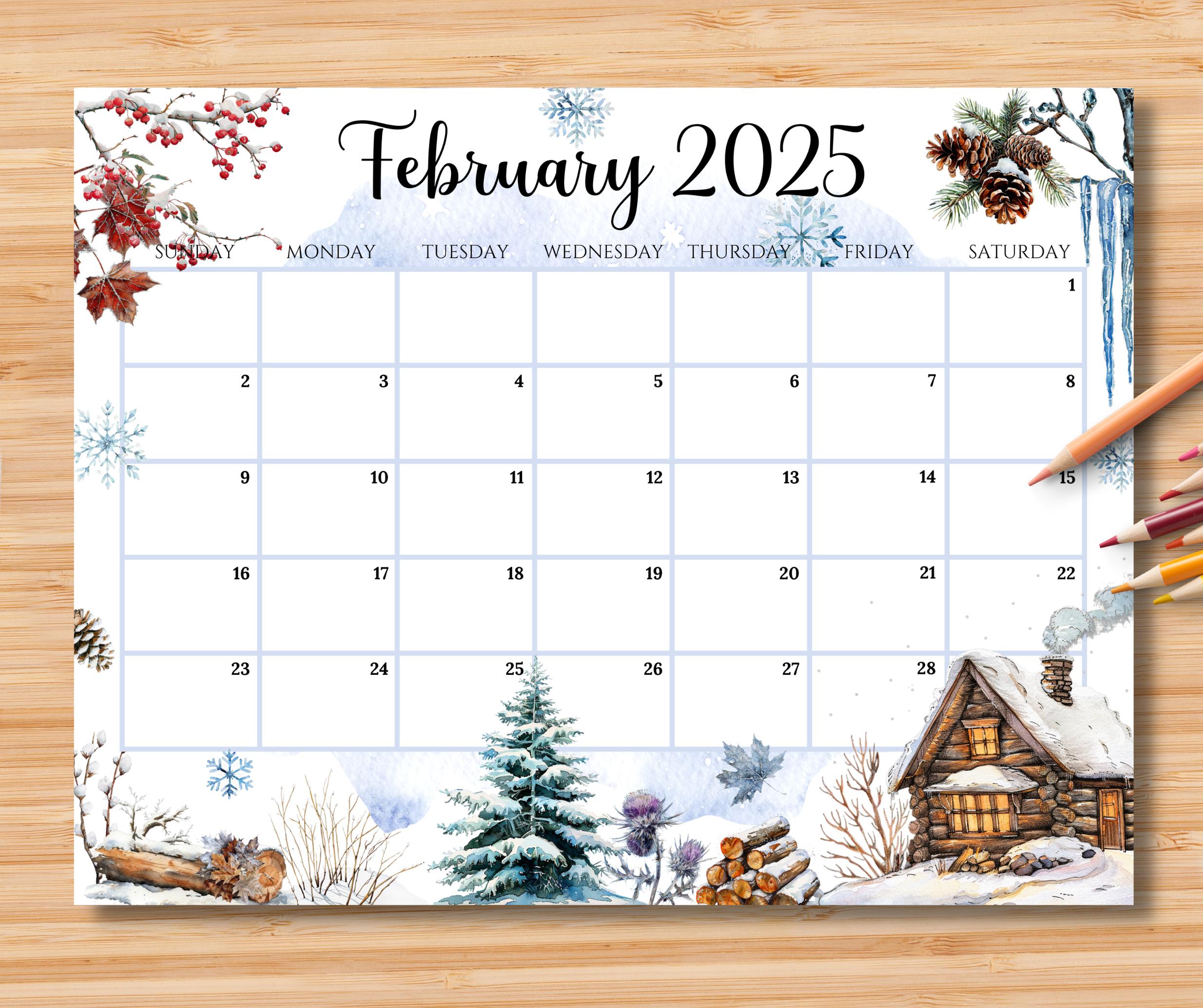 EDITABLE February 2025 Calendar, Beautiful Winter in a Village Planner ...