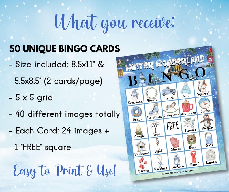 Winter Wonderland Bingo, 50 Unique Bingo Cards W/labels, Winter ...