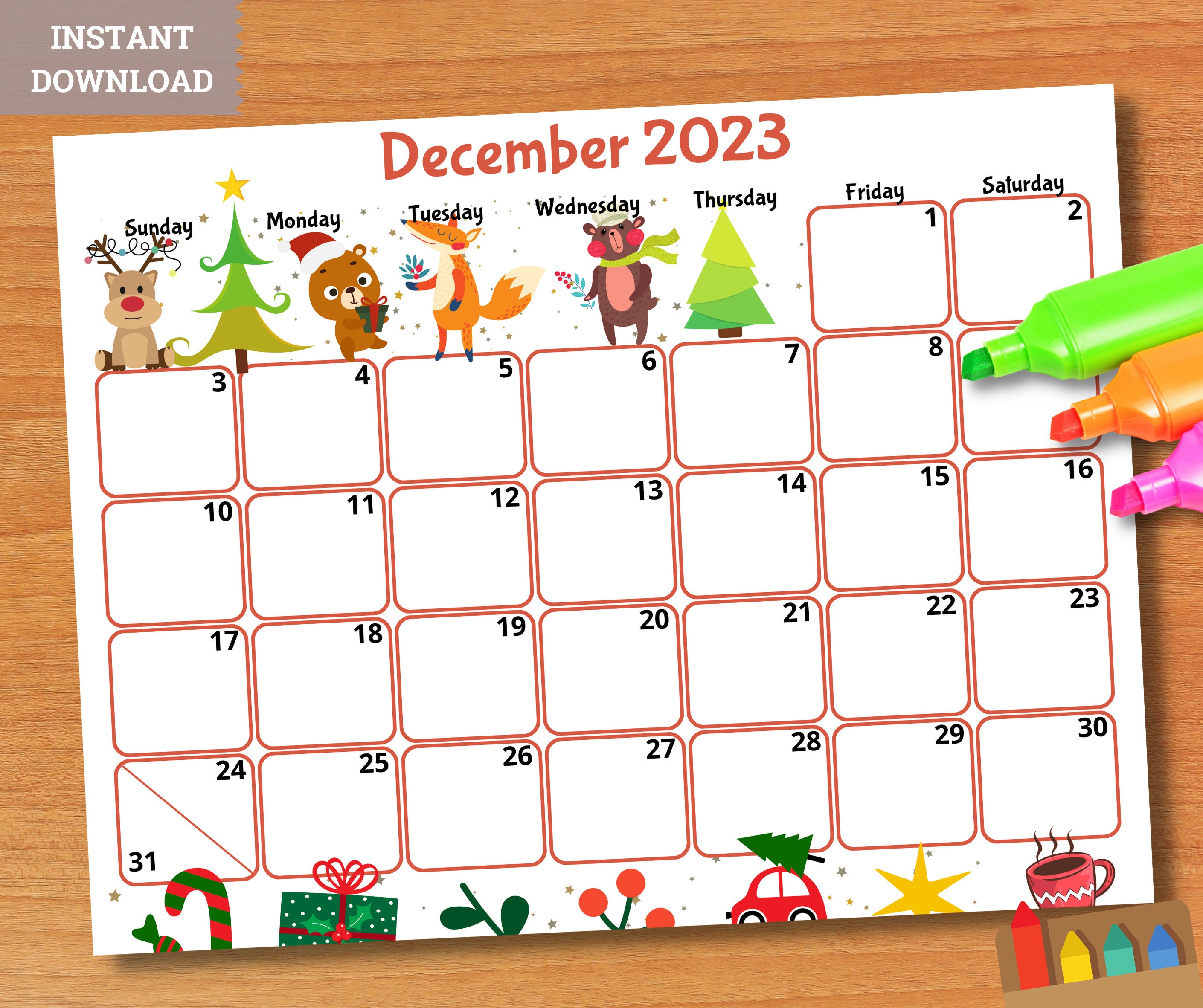 EDITABLE December 2023 Calendar Printable Kids Calendar 2023 - Etsy Israel
