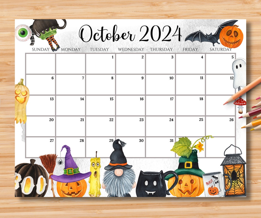 Editable October 2024 Calendar, Spooky Halloween W/ Cute Gnome ...