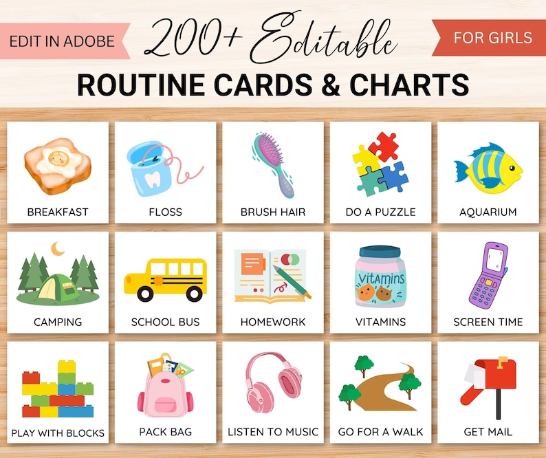 Editable Daily Routine Cards & Charts (girl), Toddler Routine Chart ...