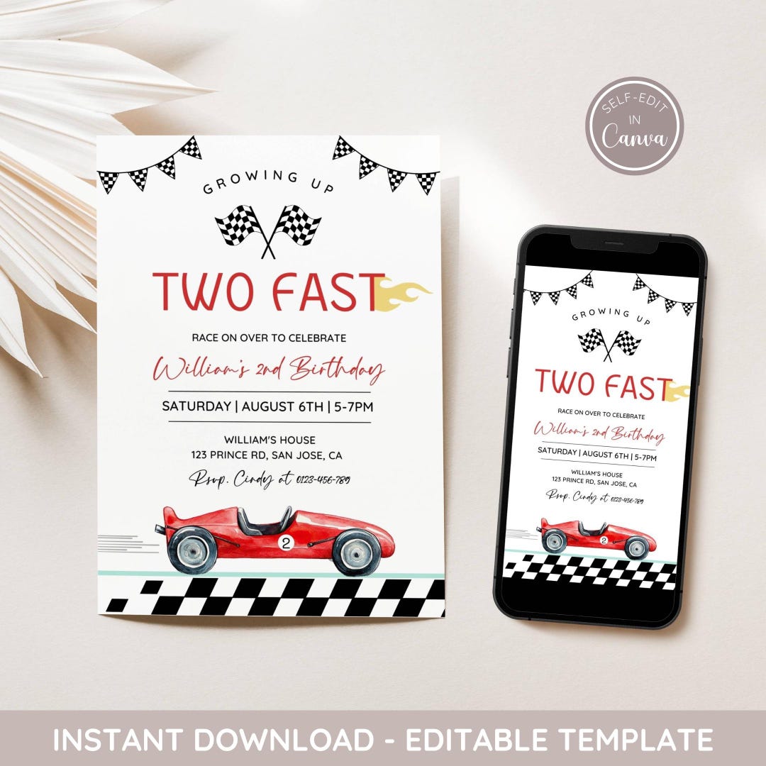 Editable TWO Fast Birthday Invitation, Electronic Race Car 2nd Birthday ...