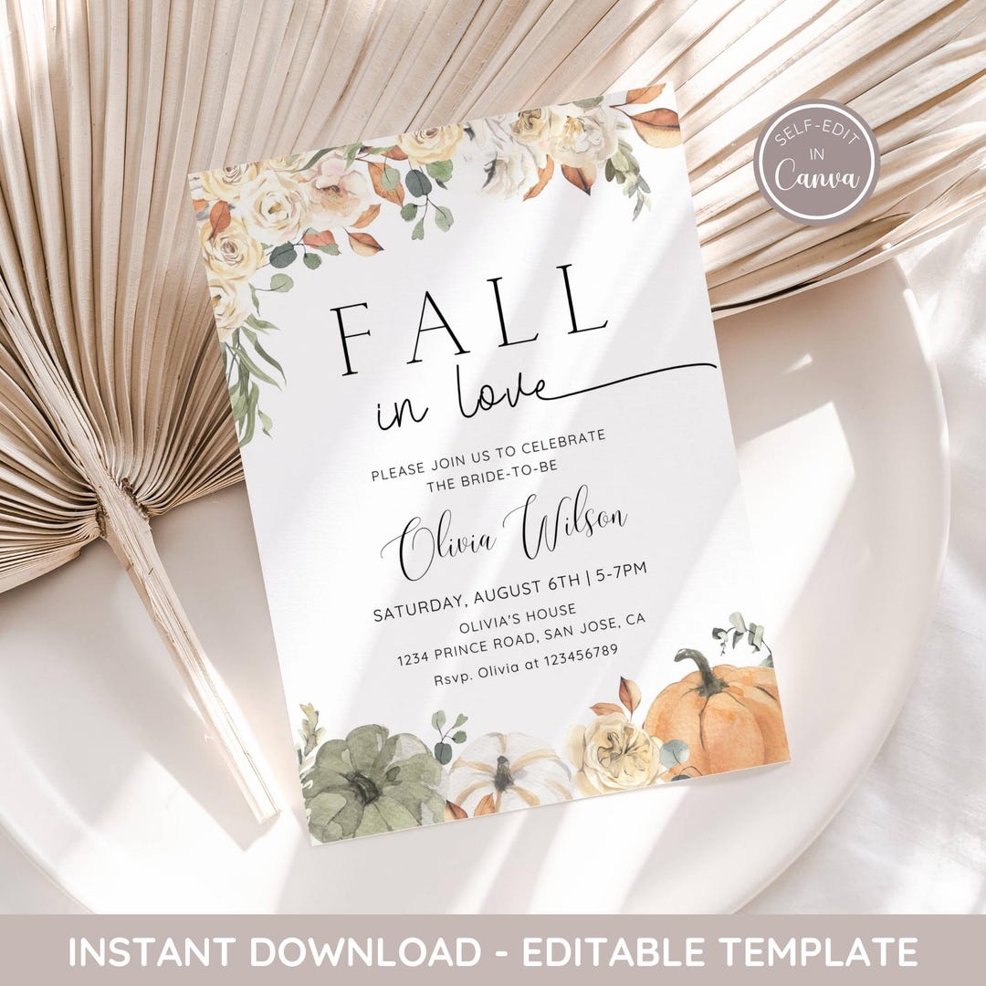 Fall in Love Bridal Shower Invitation, Rustic Pumpkin Floral Bridal ...