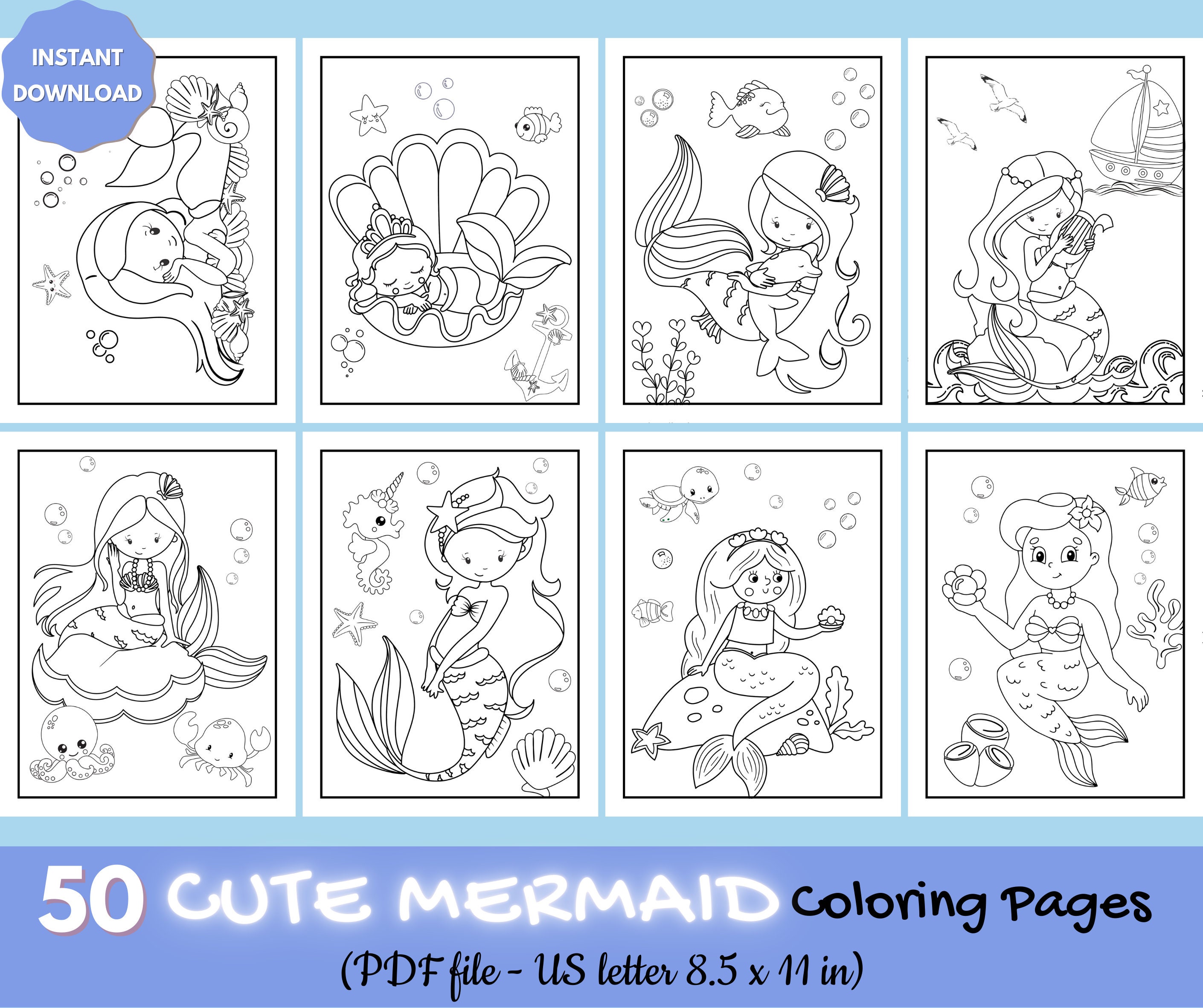 50 Printable Cute Mermaid Coloring Pages for Kids Boys | Etsy Canada