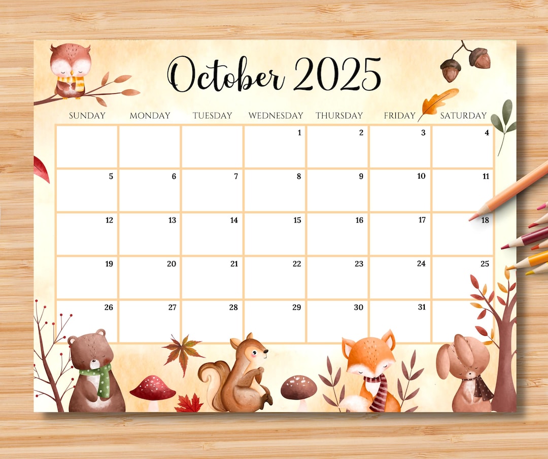 EDITABLE October 2025 Calendar, Beautiful Autumn W/ Cute Woodland ...