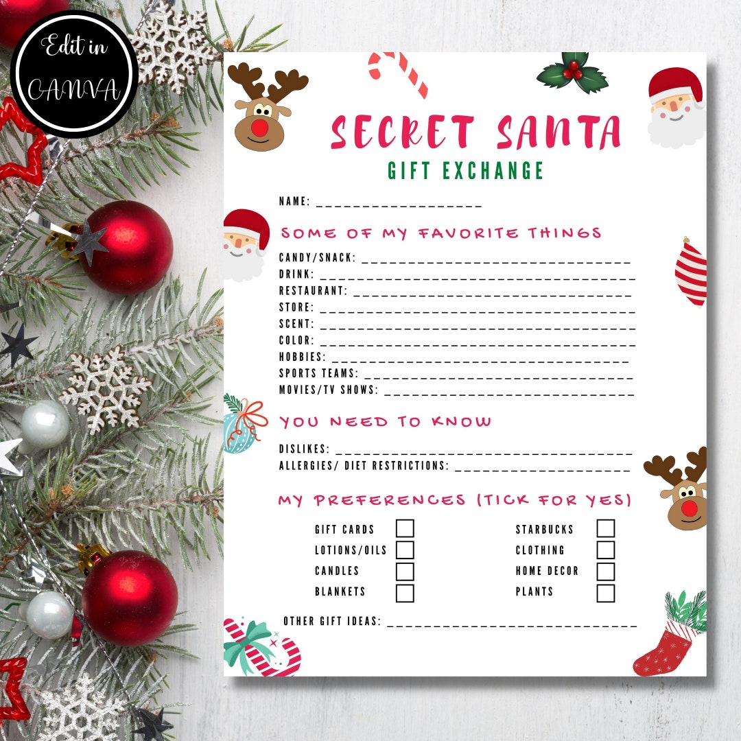 Editable Secret Santa ionnaire Secret Santa Form Secret Santa For