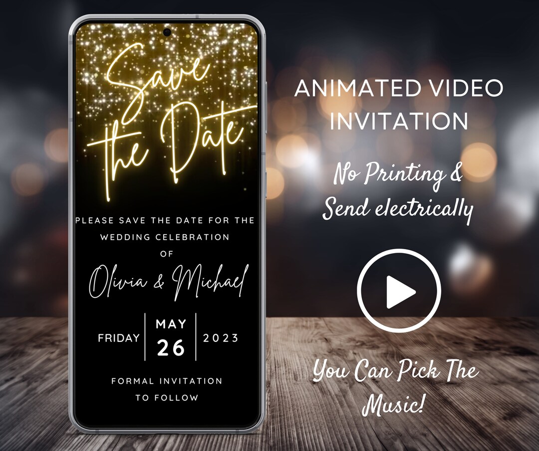 Video Save the Date Wedding Invitation black Gold, Animated Any Event ...