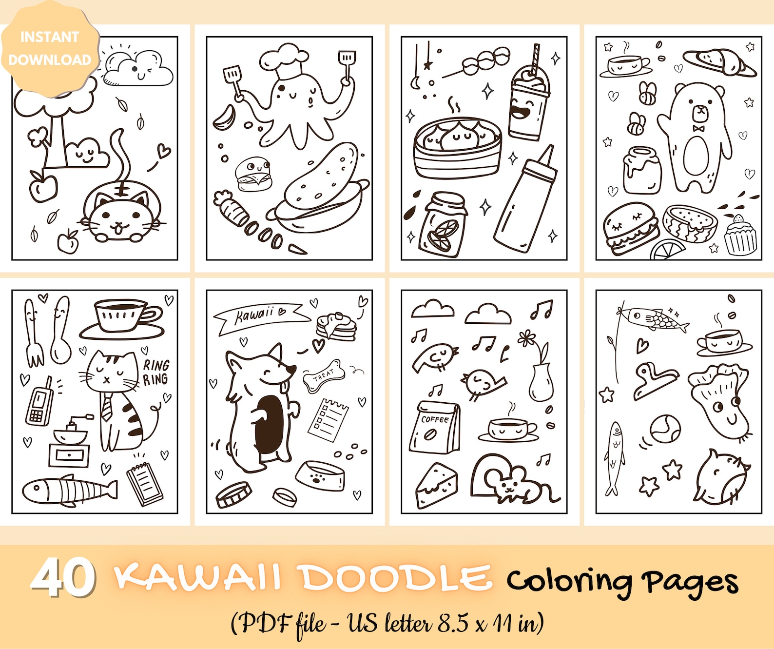 40 Printable Kawaii Doodle Coloring Pages for Kids Teens - Etsy Australia