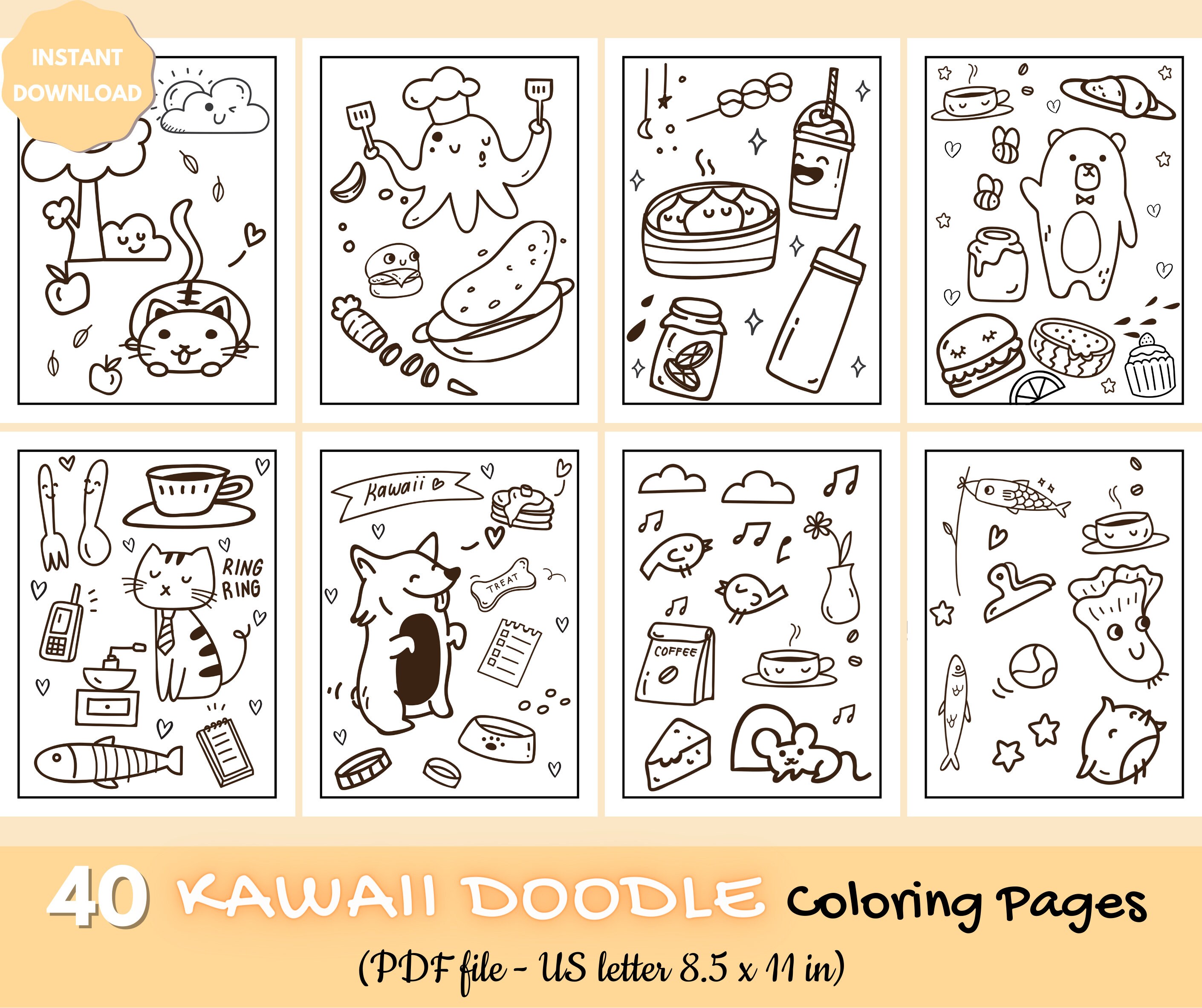 40 Printable Kawaii Doodle Coloring Pages for Kids Teens Adults, Cute ...