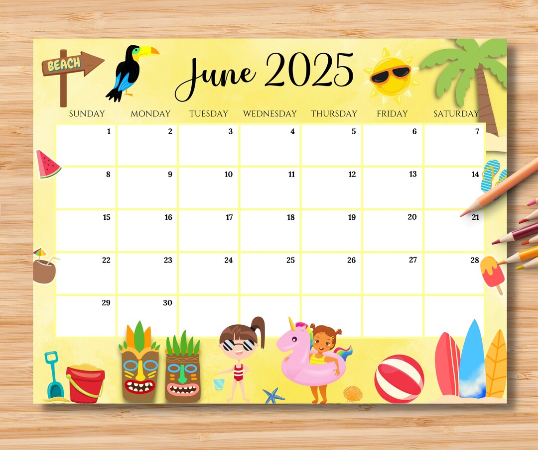 Calendario EDITABLE de junio de 2025, Verano alegre y colorido en la ...