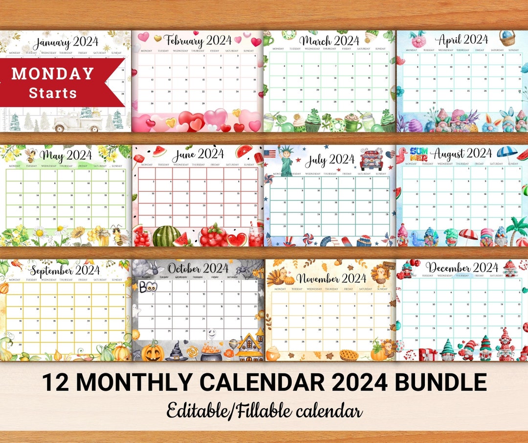 Paquete de calendario mensual EDITABLE 2024 comienza el lunes, lindo ...