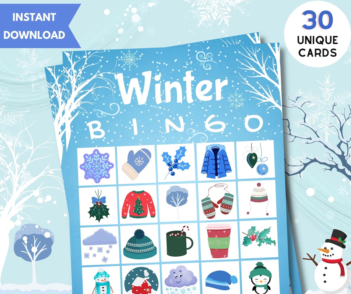 Printable Winter Bingo, 30 Unique Bingo Cards, Winter Activity, Winter ...