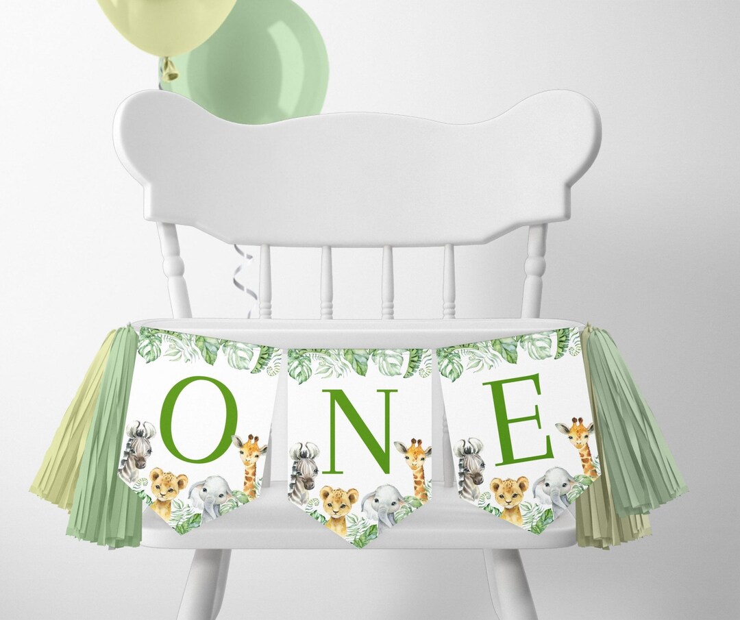 High Chair ONE Birthday Banner, Safari Animals Wild One First Birthday ...
