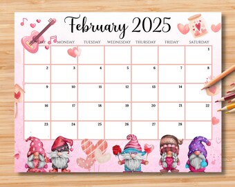EDITABLE February 2025 Calendar, Valentine Planner With Gnomes ...