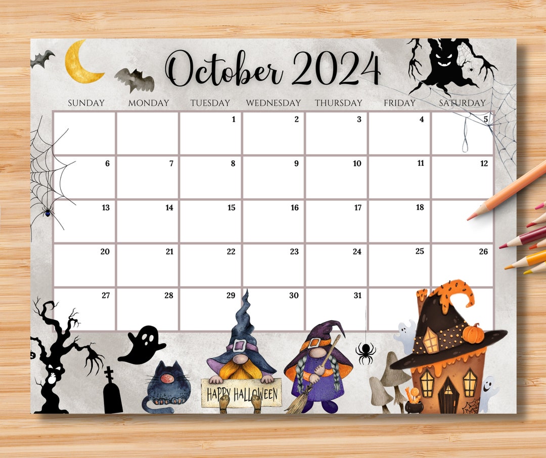 EDITABLE October 2024 Calendar, Happy Halloween with Cute Gnomes ...