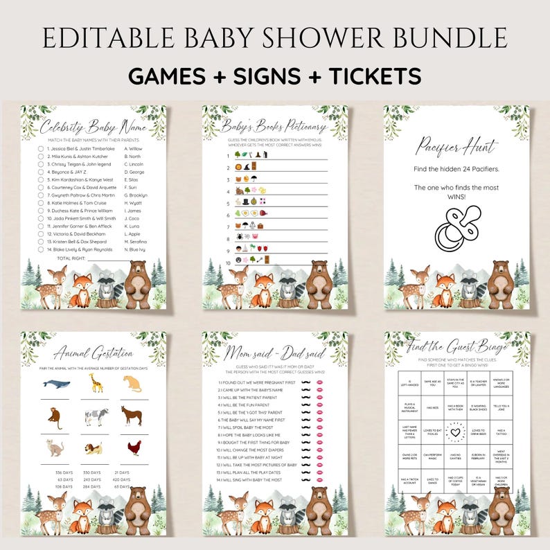 Woodland Baby Shower Game Bundle, Woodland Animal Baby Shower Game ...