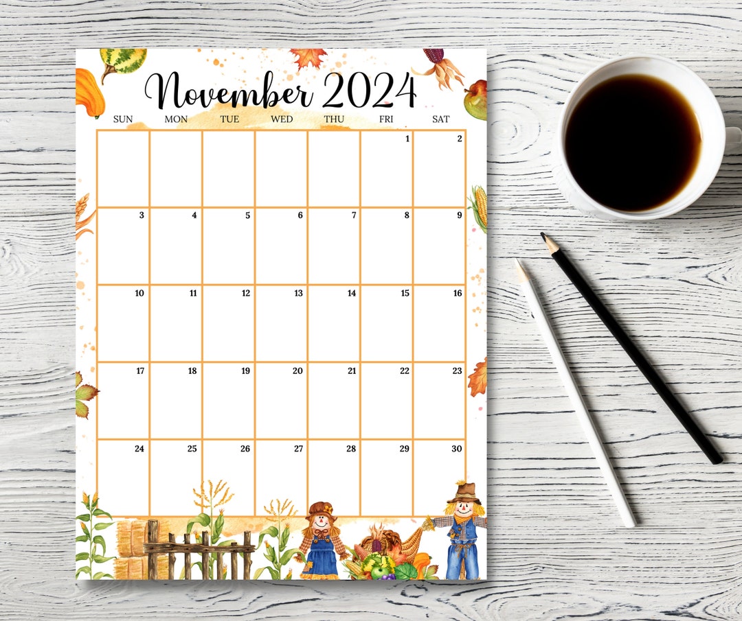 EDITABLE November 2024 Calendar vertical/portrait, Cute Thanksgiving ...