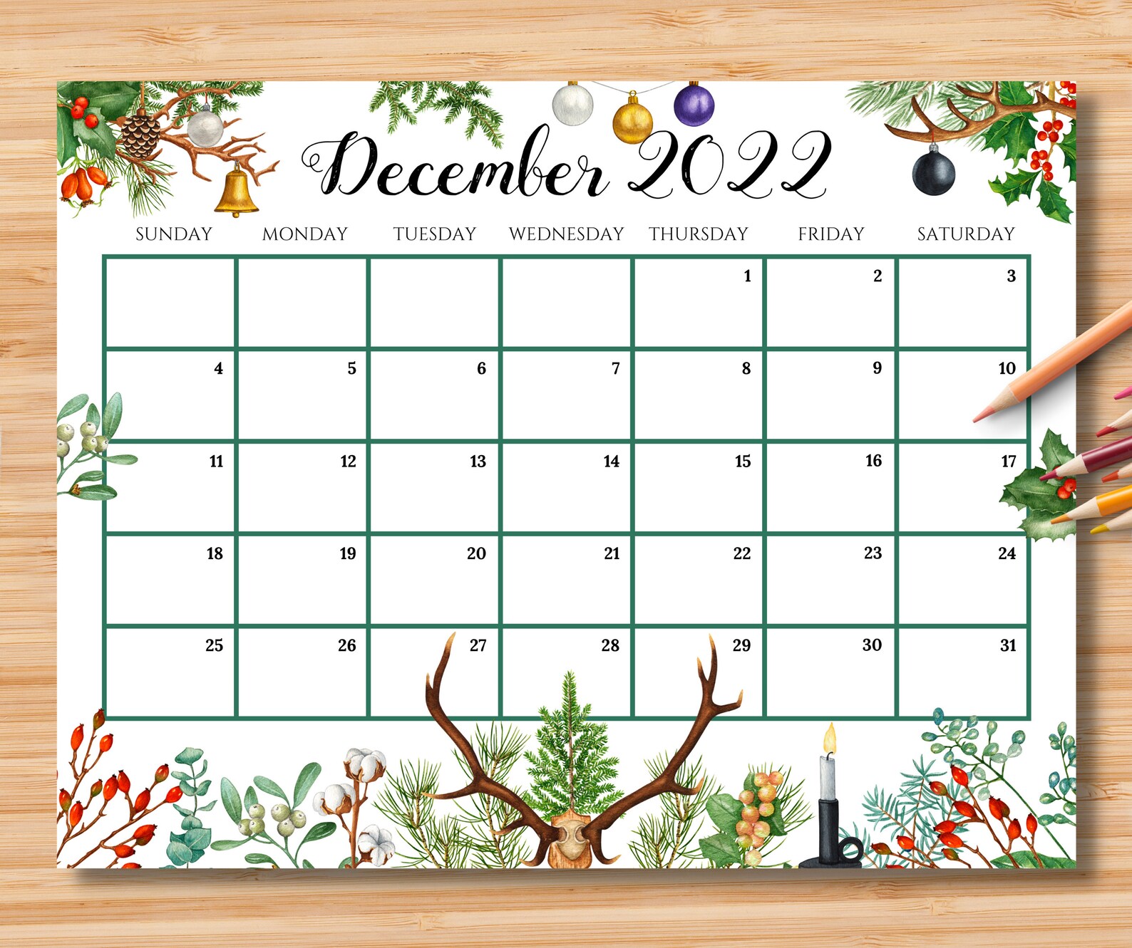 Editable December 2022 Calendar Gorgeous Colorful Christmas Etsy