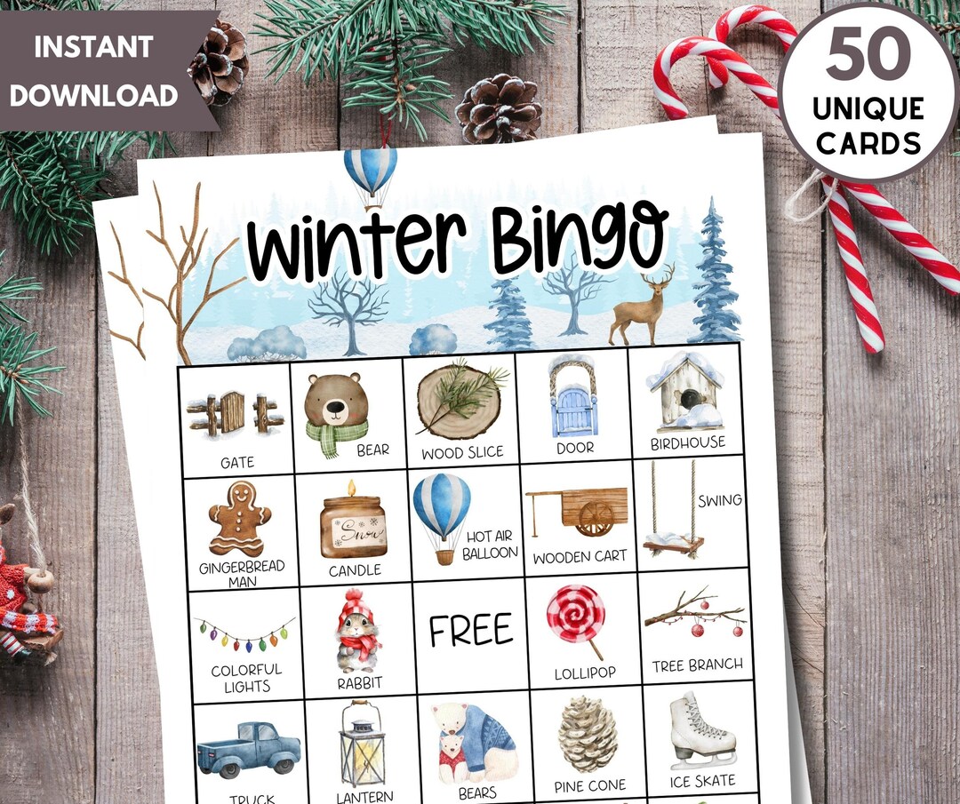 Winter Bingo Game, 50 Unique Bingo Cards, Kids' Winter Activity, Winter ...