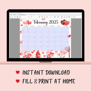 EDITABLE February 2025 Calendar, Sweet Valentine 2025 With Cute Gnomes ...