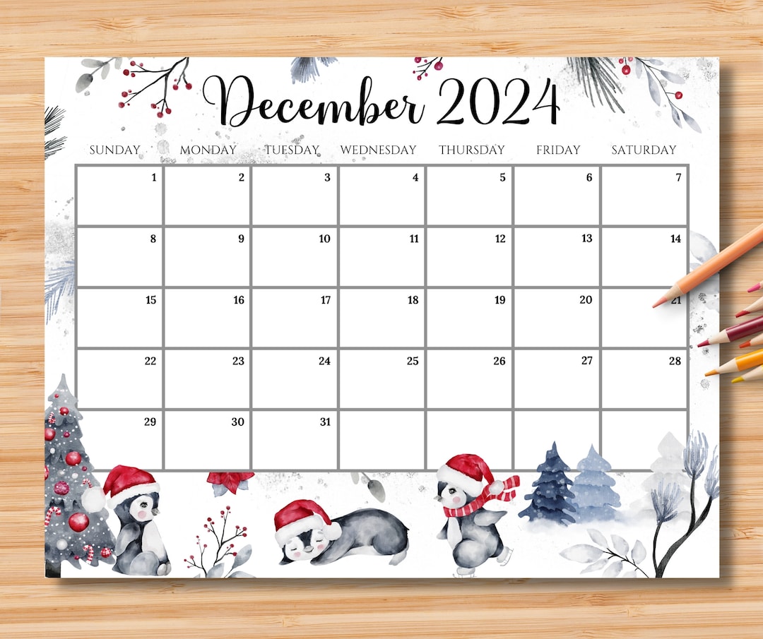 EDITABLE December 2024 Calendar, Joyful Winter W/cute Penguins ...